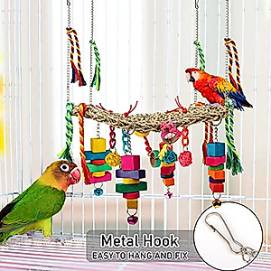 Bird Swing Toys, Bird Foraging Wall Toy, Seagrass Woven Hammock Swing Mat with Colorful Ropes Wooden Chew Toys for Lovebirds, Parakeets, Conures, Cockatiels