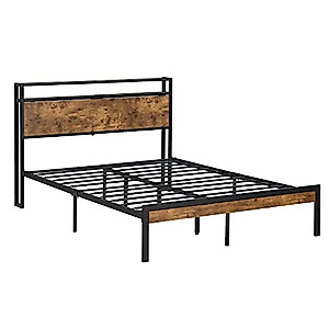 Modern Industrial Queen Size Metal Platform Bed Frame with Wooden Headboard and Footboard with USB and Charging Station, No Box Spring Needed, Large Under Bed Storage, Easy Assemble (Queen)