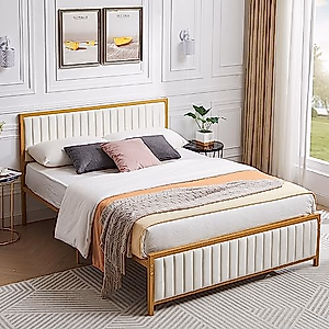 VECELO Queen Bed Frame with Upholstered Tufted Headboard & Footboard, Heavy Duty Steel Slats Platform, No Box Spring Needed, Gold