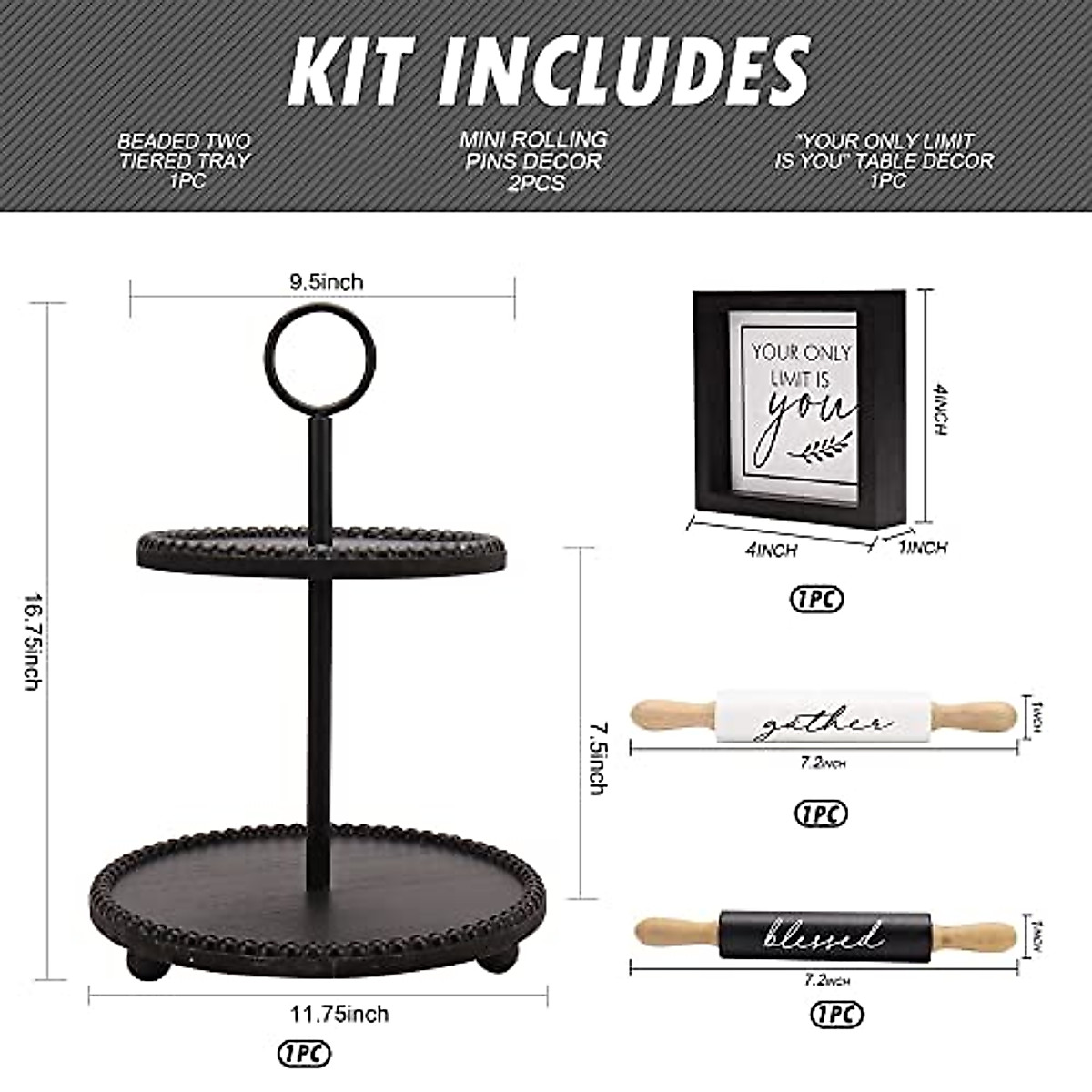 Defined Deco Beaded Black Tiered Tray with 3pcs Tiered Tray Decor for Farmhouse Home Decor, Two Tiered Serving Tray Stand with Decorative Signs and Wooden Plaques for Farmhouse Kitchen Decor