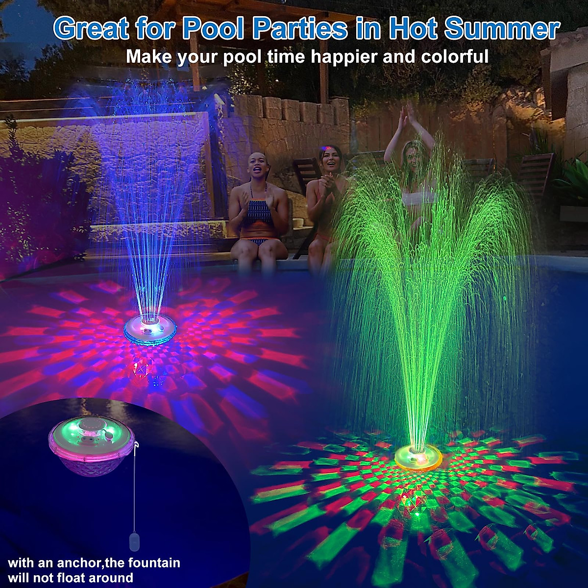 LanAqua Floating Pool Fountain with Underwater Light Show,Pool Water Fountain Rechargeable Battery Powered,2 Spray Modes Pool Fountain Pump for Inground Above Ground Pools-1PC