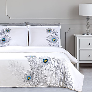 100% Cotton, 3-Piece King/California King, Single Ply, Soft, Embroidered Peacock Duvet Cover Set, Silver