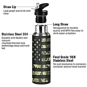 Yasala Water Bottle Camo American Flag Coffee Thermos Stainless Steel Insulated Beverage Container 20 oz with Straw Lid BPA-Free for Sport, Travel, Camping, Back to School
