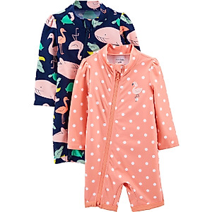 Simple Joys by Carter's Girls' 2-Pack 1-Piece Zip Rashguards, Navy Sea Friends/Peach Dots, 6-9 Months