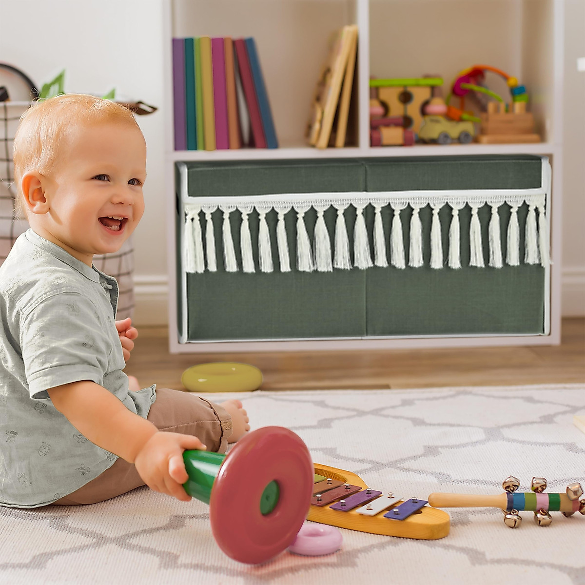 Sweet Jojo Designs Dark Green Boho Boy Girl Gender Neutral Collapsible Toy Storage Box Chest Organizer with Lid Baby Nursery Kids Childrens Room Sage Modern Bohemian Farmhouse Southwest Diamond Tuft