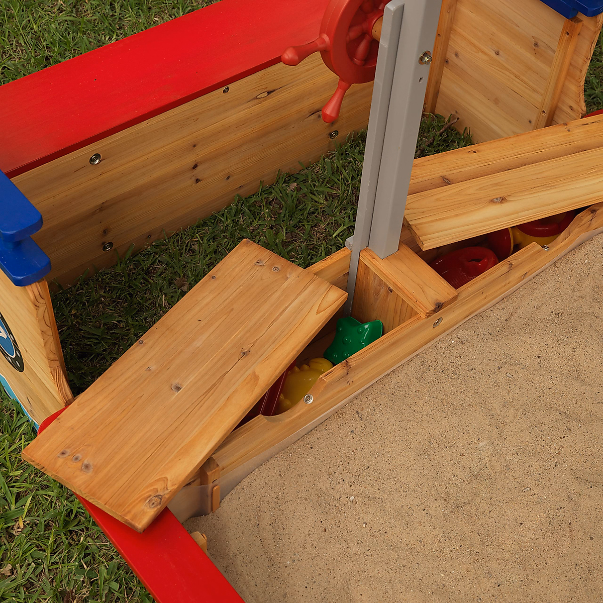 KidKraft Wooden Pirate Sandbox with Canopy, Covered Children's Sandbox, Outdoor Furniture - Blue & Red, Gift for Ages 3-8