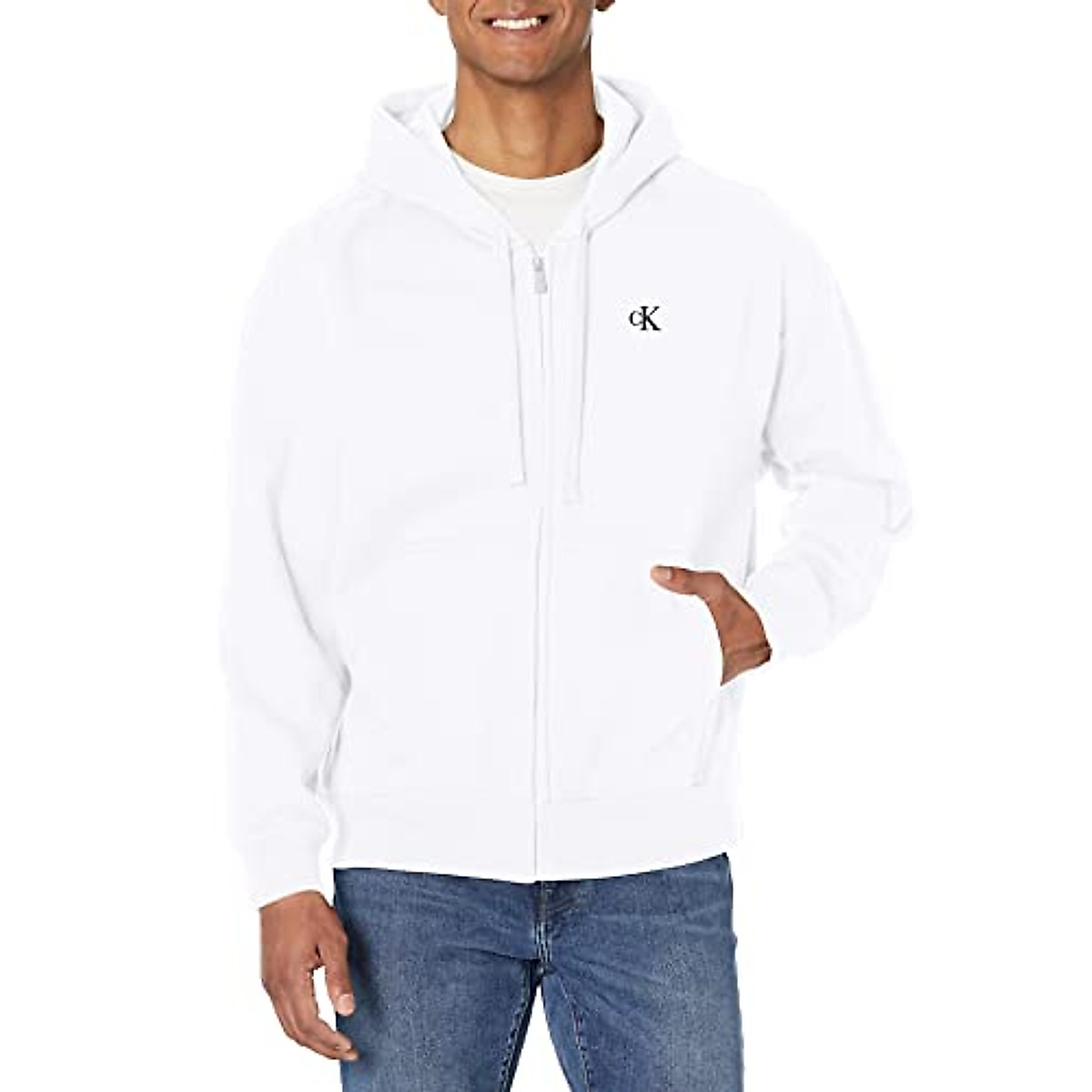 Calvin Klein Men's Relaxed Fit Archive Logo Fleece Full Zip Hoodie, Brilliant White, Large