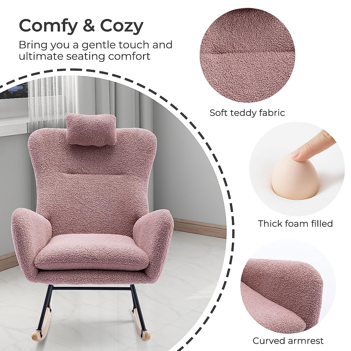 Unovivy Rocking Chair Nursery, Teddy Upholstered Nursing Armchair with Wood Base, Baby Glider Rocker with Headrest & Side Handy Cocket, Small Gliding Seat for Living Room, Bedroom, Office