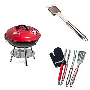 Cuisinart Grill Bundle - Portable Charcoal Grill, 14" (Red), 3-Piece Grilling Tool Set with Grill Glove (Red) & Grill Cleaning Brush (Stainless Steel)