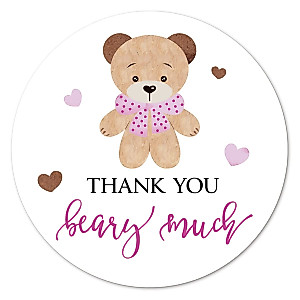 Pink Bear Thank You Stickers, 2 Inch Bear Girl Baby Shower Birthday Party Labels 40-Pack