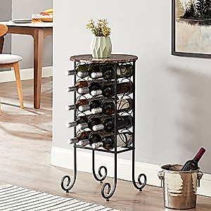 VECELO Metal Wine Rack Console Table, Freestanding Floor Bottles Organizer & Display Shelf with Faux Marble Finish Top, for Bar Kitchen Dining Living Room, Small Spaces, Holds 15, Black