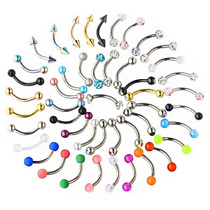 Suotarn 47pcs 16G Stainless Steel Eyebrow Piercing Rings Clear CZ Curved Barbell Helix Daith Rook Earrings Piercing Body Jewelry for Women Men