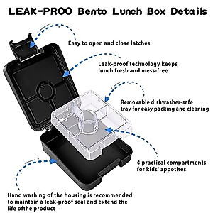 Bento Lunch Box Set for Kids with 10oz Soup Thermo, Leak-Proof Lunch Containers with 4 Compartment, Kids Thermo Hot Food Jar and Insulated Lunch Bag for Kids to School,BPA-Free(Black)
