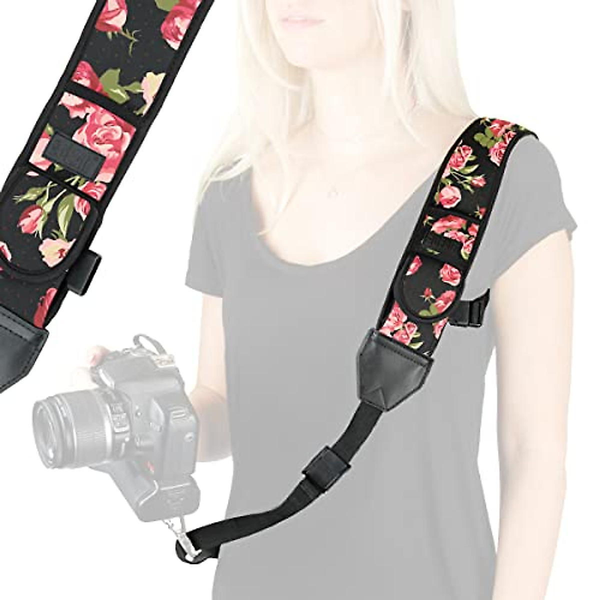 USA GEAR Camera Sling Shoulder Strap with Adjustable Neoprene, Safety Tether, Accessory Pocket, Quick Release Buckle - Compatible with Canon, Nikon, Sony and More DSLR and Mirrorless Cameras (Floral)