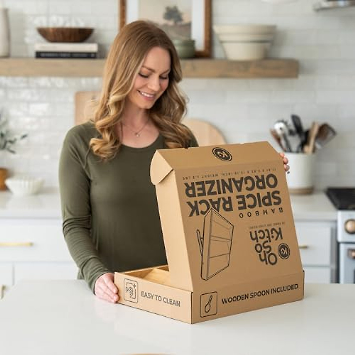 Bamboo Spice Rack Organizer For Kitchen Drawer, Countertop & Cabinet - Sturdy Wood Shelf Seasoning Rack with Wooden Spoon - 3 Tiered, Foldable Storage Standing with Anti-Slip Pads (No Jars Included)