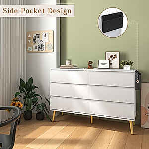 TJYGO White Dresser with Charging Station, Modern Chest 6 Drawers, Clothing Organizer with Wide Storage Space, Storage Cabinet for Living Room, Bedroom, Closet, Hallway