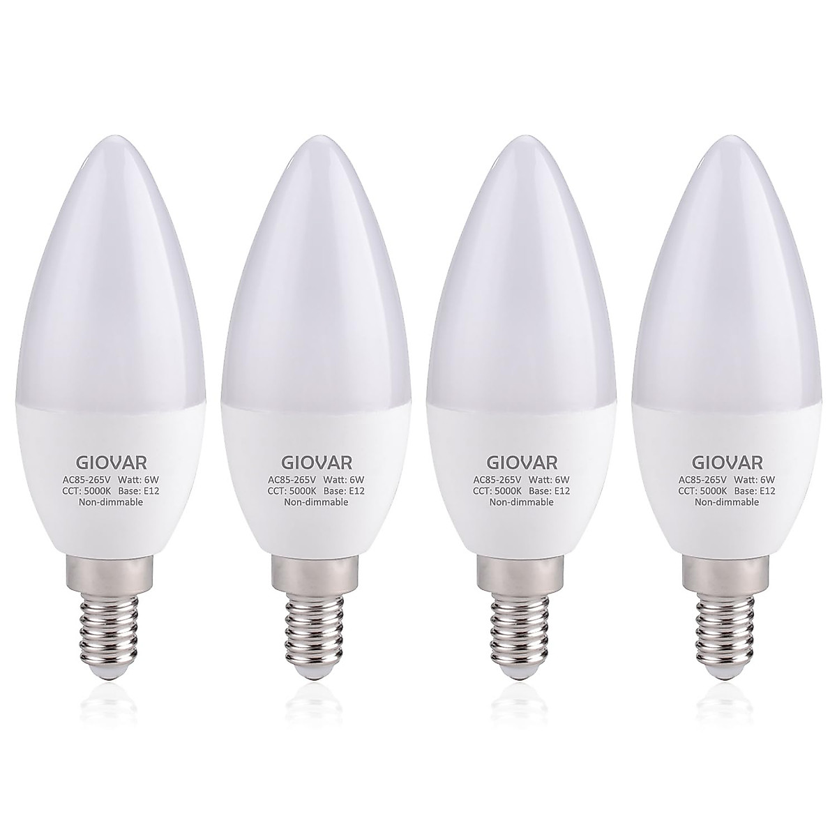 GIOVAR 4Pack LED Celing Fan Light Bulbs 60 Watt, Daylight 5000K, E12 Candelabra Bulb Base Socket, 120V, Type B, Non-Dimmable