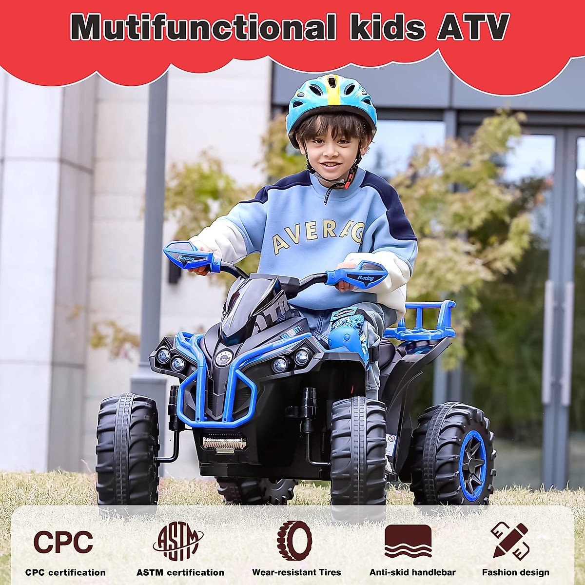 Soar Four Wheeler for Kids - Electirc Toddler 4 Wheeler for Kids 3-6, Ride on ATV 12v Battery Powered, Kids Quad with LED Lights, Music, High Low Speed, USB/TF, Treaded Tires, Blue