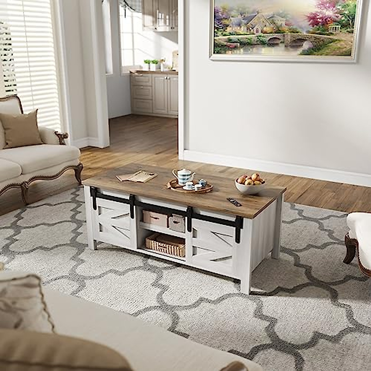 Furmax Coffee Table with Storage and Sliding Barn Doors, Farmhouse Living Room Table with Adjustable Shelves, Wood Rustic Center Table for Home Living Meeting Room (Antique White)