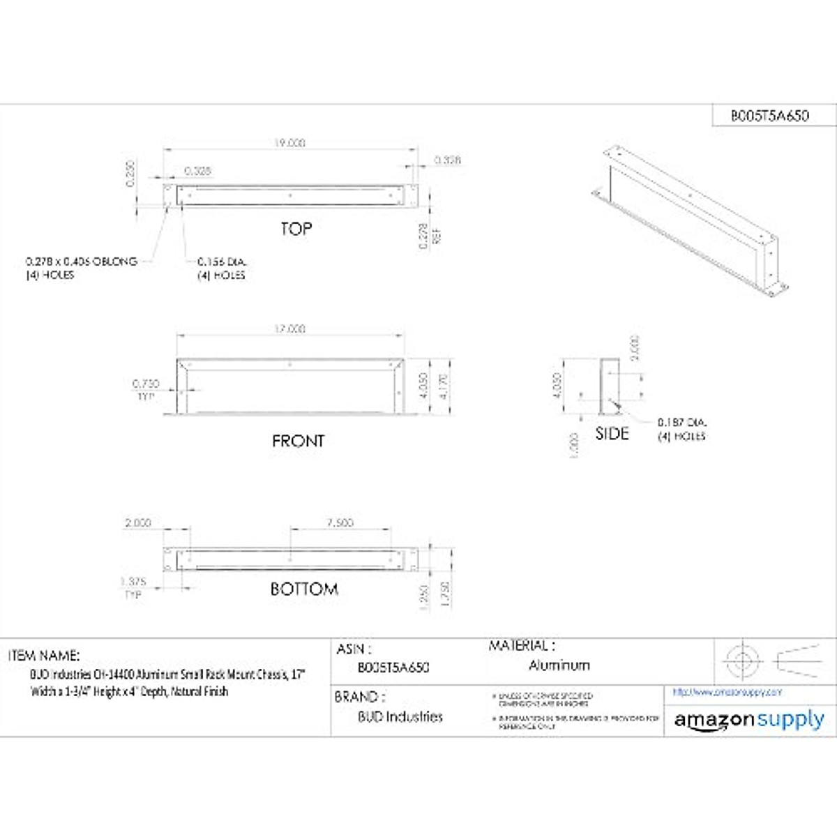 BUD Industries CH-14400 Aluminum Small Rack Mount Chassis 19" L x 4.12" W x 1.75" H, Natural