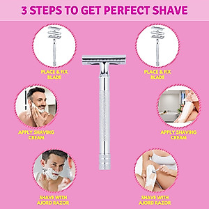 3 Pcs Double Edge Safety Razors For Men & Women - Safety Edge Razor Women Comes With 5 Astra Superior Platinum Double Edge Blades & Razor Cover - Reusable Men's Saftey Shaving Razors with Long Handle