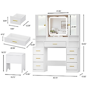 BORNOON Makeup Vanity with LED Light Strip Mirror and Chair, 7 Drawers & 2 RGB Cabinets White Vanity Makeup Desk with Power Strip, Adjustable LED Lighting, and Cushioned Stool for Women, Girls, Teens