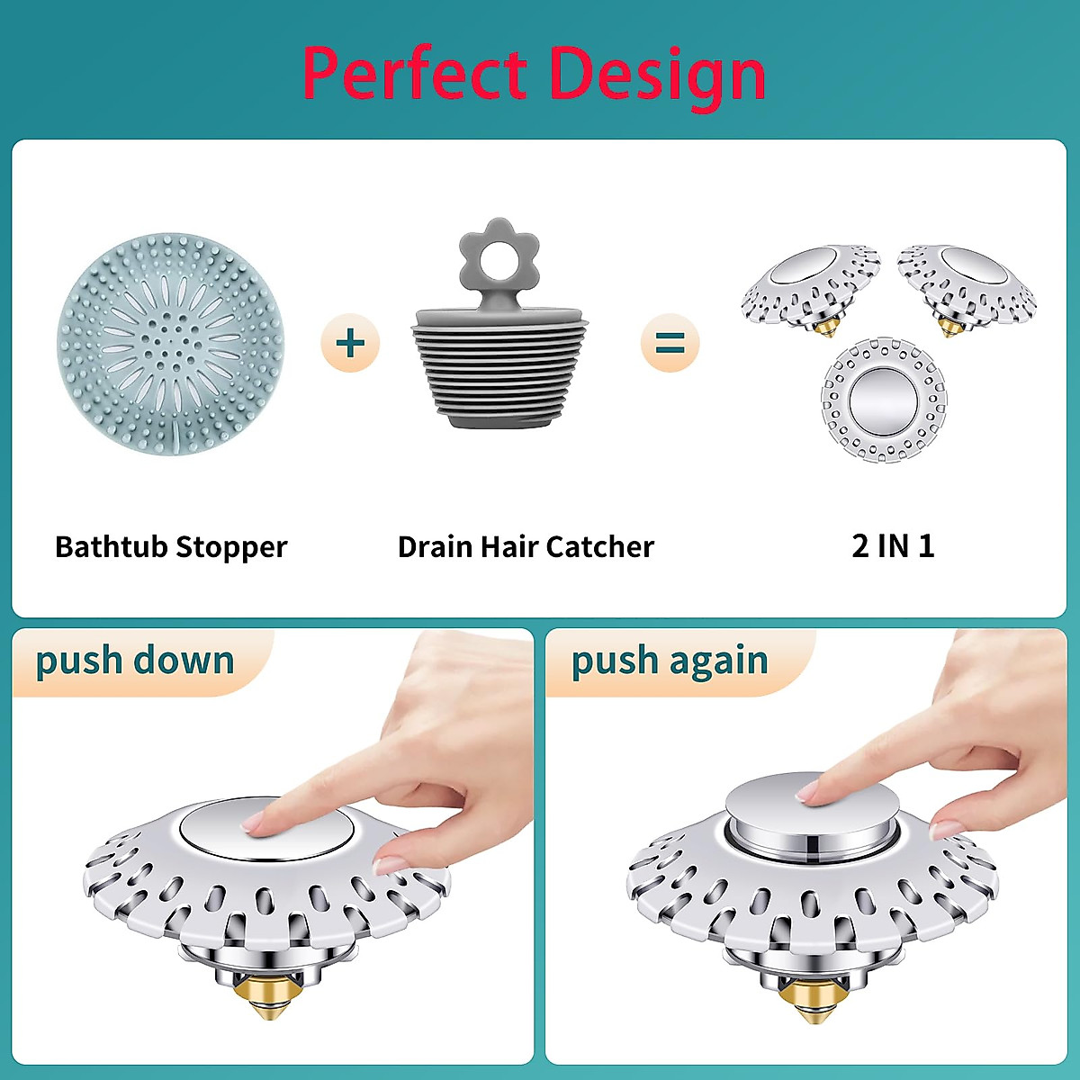 Universal Tub Stopper Bathtub Drain Plug, Pop Up Drain Hair Catcher Copper Dual Filtration, Replaces Bath Tub Lift & Turn, Tip-Toe & Trip Lever, 2 in 1 Strainer Cover for 1.45 to 1.85" Drain Hole