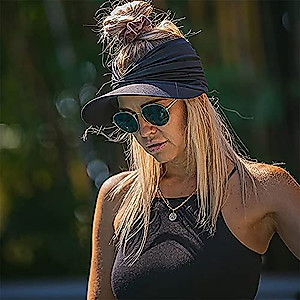 Sun Visor Hat Womens Wide Brim Packable Summer Ponytail Cap UV Protection Beach Sport Cap Black