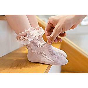 Gwenvenni Toddler Girls Double Ruffle Lace Trim Cotton Socks Frilly Dress Socks 5-Pack, Age 3-5T