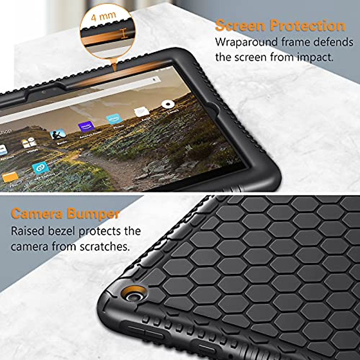 Fintie Silicone Case for All-New Fire HD 10 and Fire HD 10 Plus Tablet (Only compatible with 11th Generation 2021 Release) - [Honey Comb] Light Weight Shock Proof Back Cover, Black