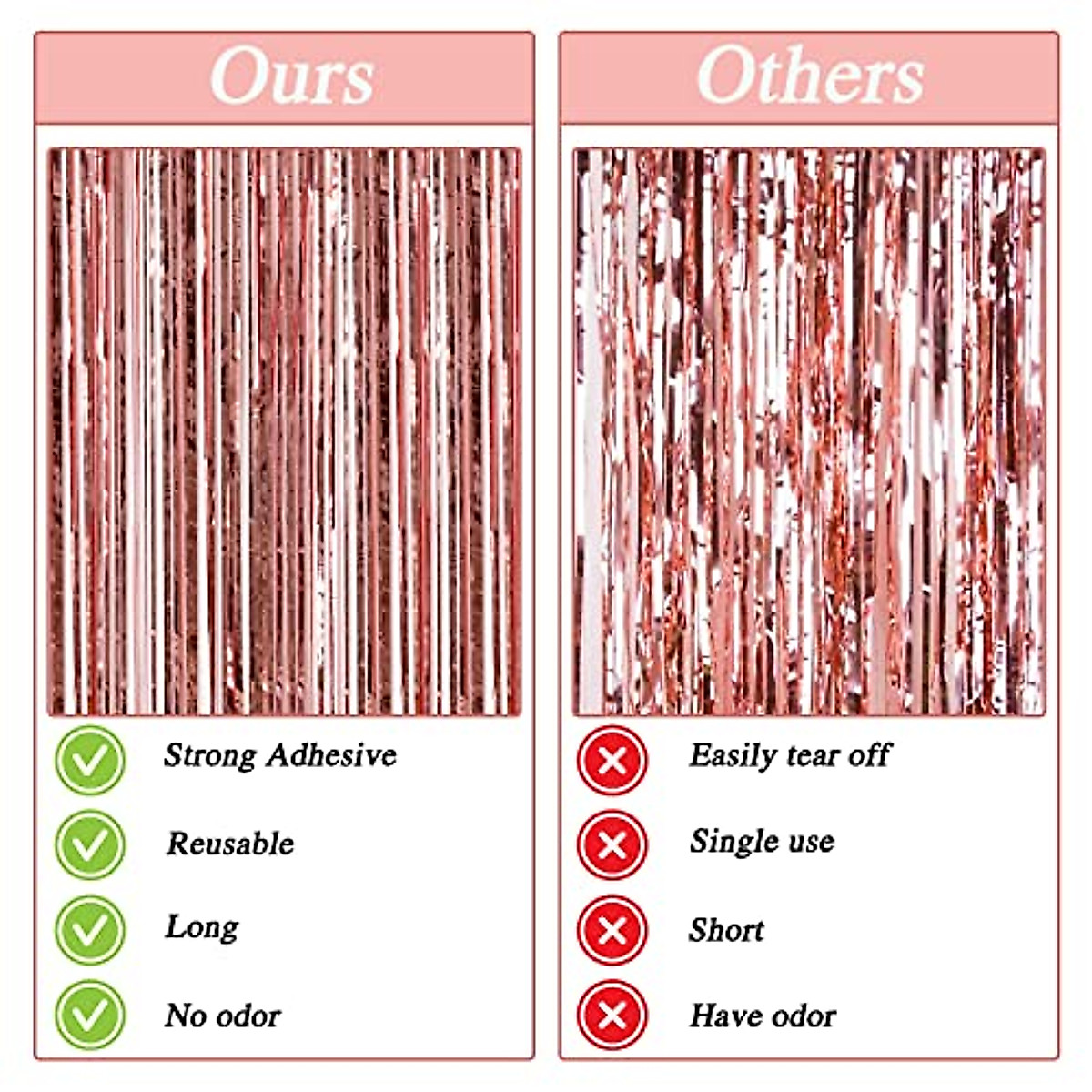 RUBFAC Rose Gold Foil Fringe Curtain, 6.4x8 Feet, Pack of 2, Metallic Rose Gold Streamers, Rose Gold Backdrop for Party Decorations for Birthday Decor Bachelorette Wedding Princess Party Graduation