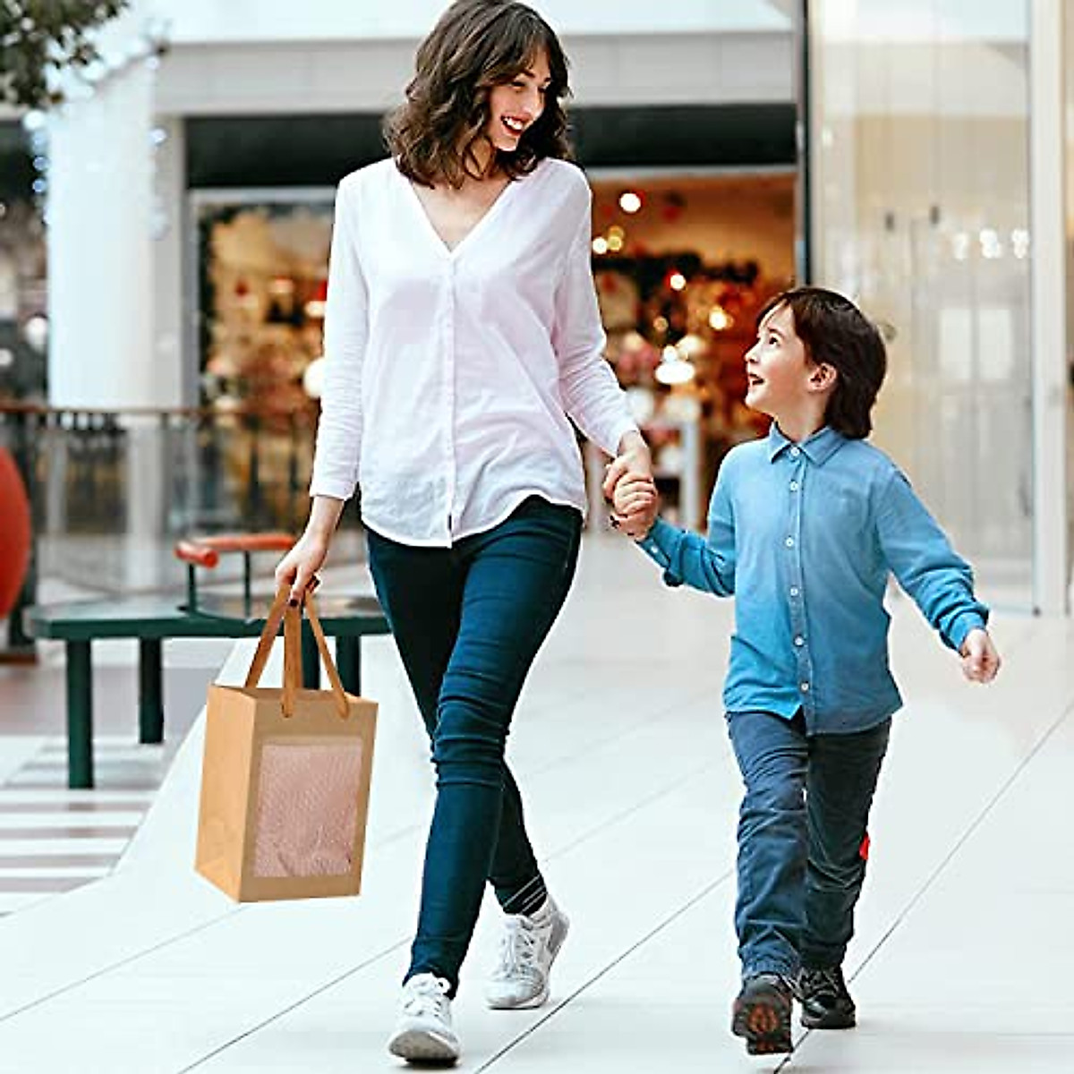 12 Pcs Brown Paper Gift Bags with Transparent Window, 9.84"x7.0"x5.12" Kraft Shopping Bags with Handles for Present, Festivals Party