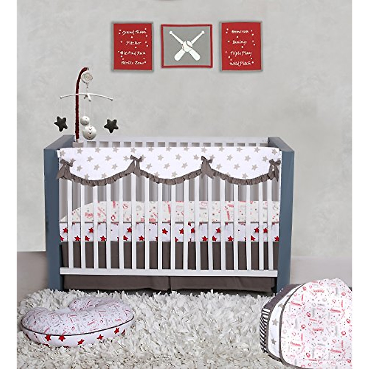 Bacati - 4 Pack Sports Baby Swaddle Blankets Boys Swaddle Wrap Soft Breathable Cotton Muslin Swaddle Blankets Receiving Blanket for Boys, Large 45 x 45 inches (Baseball Red/Grey)