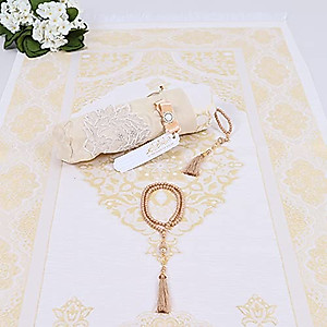 Islamic Elite Favors Personalized Muslim Lightweight Travel Prayer Rug Beads Set, Prayer Mat Tasbeeh Set, Ramadan Eid Hajj Umrah Wedding Birthday Graduation Mother's Day (Gold)