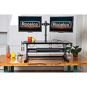 Rocelco 40" Large Height Adjustable Standing Desk Converter with Dual Monitor Mount BUNDLE - Quick Sit Stand Up Computer Workstation Riser - Retractable Keyboard Tray - Black (R DADRB-40-DM2)