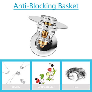 Universal Bathroom Sink Stopper in Brass, 1.04-1.97 Inch Pop Up Basin Sink Drain Stopper, Sink Drain Strainer with Anti Clogging Filter Hair Catcher