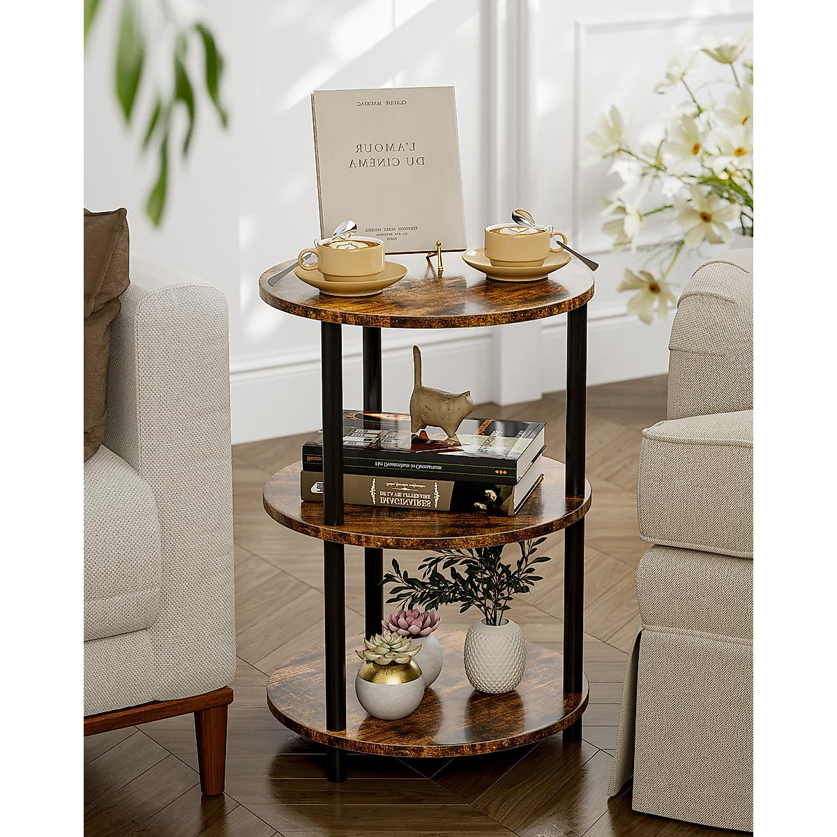 RISWER Round Side Table Living Room - Small Accent Table with 3 Tier Shelves, Rustic Wooden Couch End Table for Bedroom or Living Room, Reinforced Metal Legs, Easy to Assemble, Rustic Brown