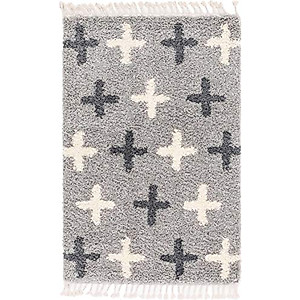 Unique Loom Hygge Shag Collection Modern Moroccan Inspired, Geometric Design, Plush & Cozy Area Rug, Rectangular 4' 0" x 6' 0", Light Gray/Ivory