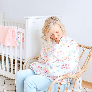 Bundled Joy Baby Gifts - Baby Car Seat Cover Canopy Breastfeeding Nursing Cover Infinity Scarf Stretchy Soft Boys Girls Gender Neutral (Rainbow White)