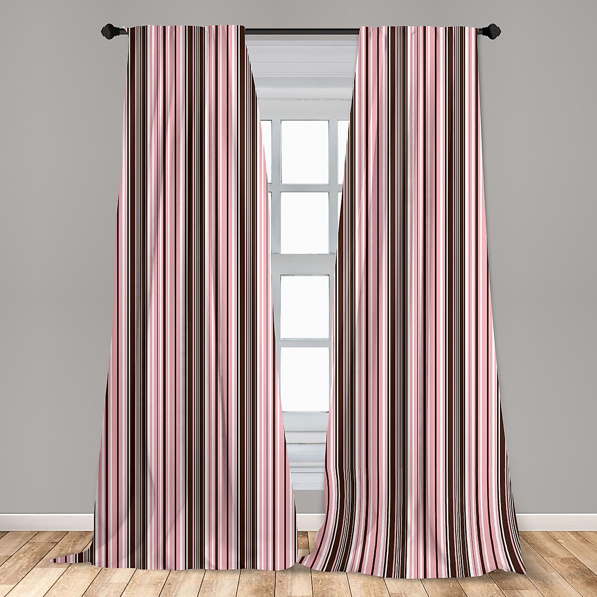 Lunarable Brown Curtains, Little Stars in Circles Pink Hearts Polka Dots on Dark Backdrop, Window Treatments 2 Panel Set for Living Room Bedroom, Pair of - 28" x 63", Brown Pink