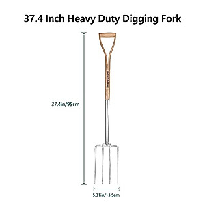 Berry&Bird Garden Digging Fork, 37.4" Stainless Steel Garden Spading Fork with D-Grip Handle, 4-Tine Heavy Duty Long Handled Pitchfork with Ash Wood Handle for Digging, Planting, Aerating, Cultivating