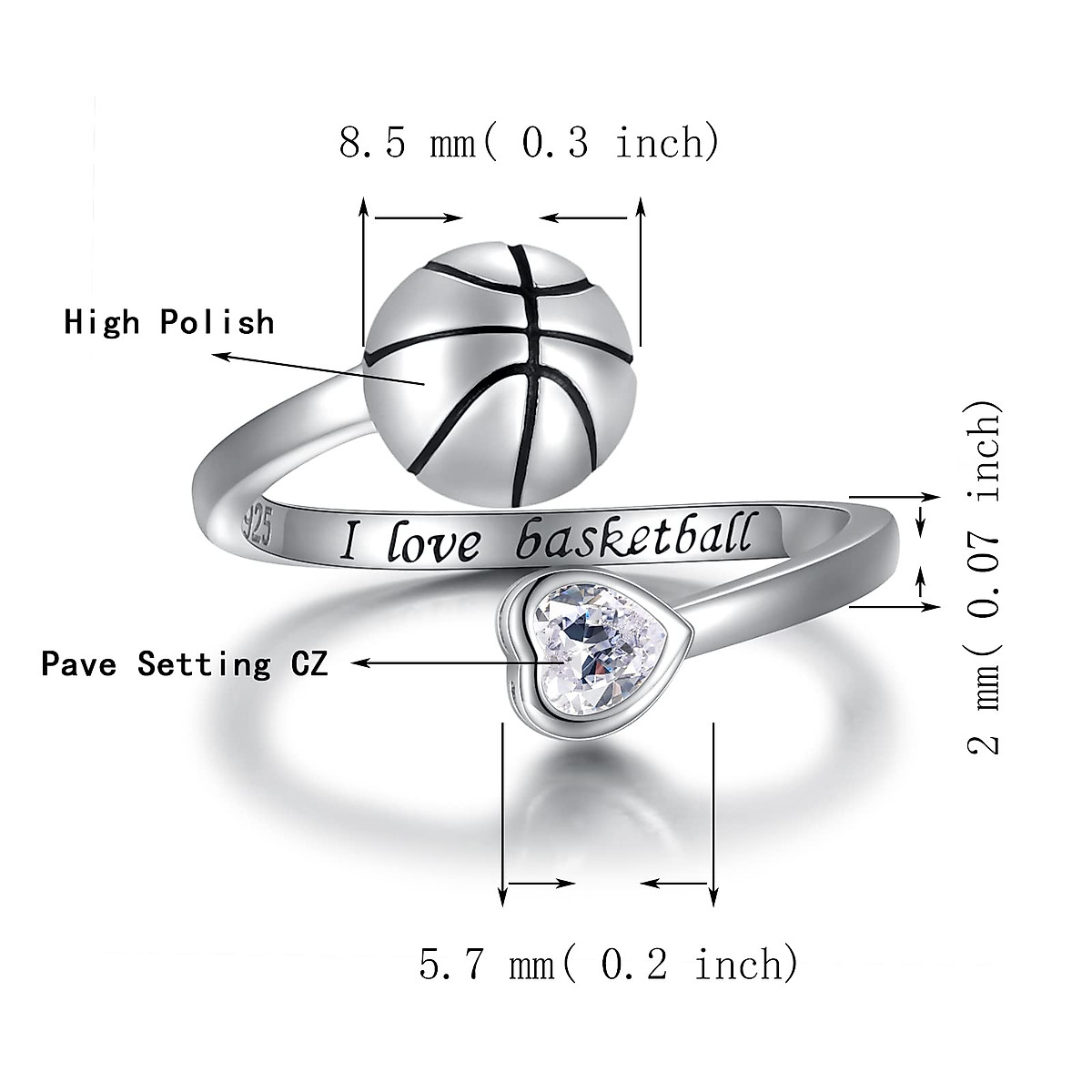 925 Sterling Silver Basketball Baseball Softball Football Tennis Racket Ring Adjustable Sports Jewelry Gifts for Women Player Mom (Basketball)