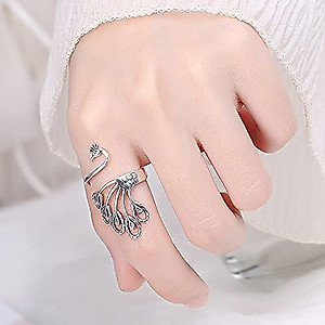NewZenro Peacock Statement Wrap Open Rings for Women Dainty 925 Sterling Silver Adjustable Delicate Flower Animal Vintage Ring Jewelry Gifts Bff Birthday