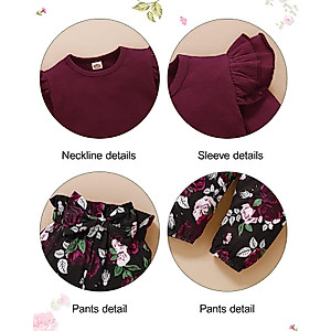YALLET 3Pcs Toddler Girl Clothes,Solid Color Long Sleeves Ruffle Top+ Floral Pant +Floral Headband