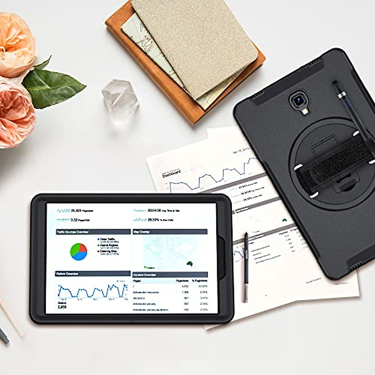 Bkinew Tablet Case for Samsung Galaxy Tab A 10.5-inch 2018 SM-T590/SM-T595/SM-T597 with Screen Protector 360 Rotating Kickstand and Hand/Shoulder Strap Rugged Protective Cover, Black