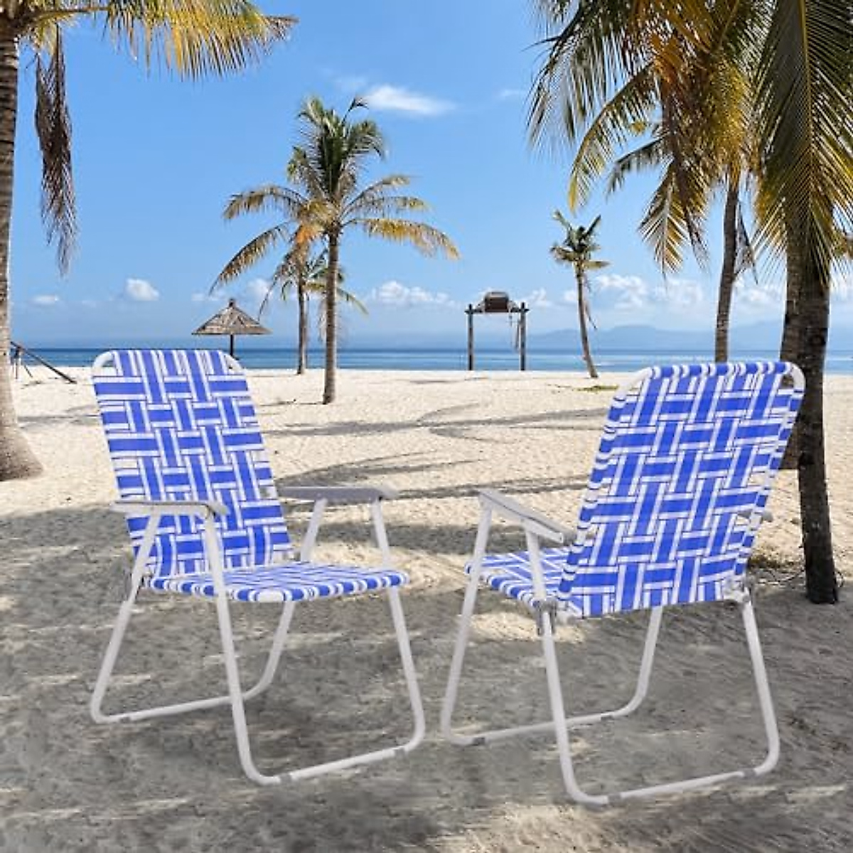 Magshion Folding Webbed Lawn Beach Chair for Adults, Lightweight Steel Frame, Portable Outdoor Camping Chairs for Fishing, Patio, Yard & Garden, Support to 250 lbs (2-Pack, Blue)