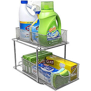 Sorbus 2 Tier Under The Sink Organizer Baskets with Mesh Sliding Drawers —Ideal for Cabinet, Countertop, Pantry, and Desktop, for Bathroom, Kitchen, Office, etc.—Made of Steel (Silver)