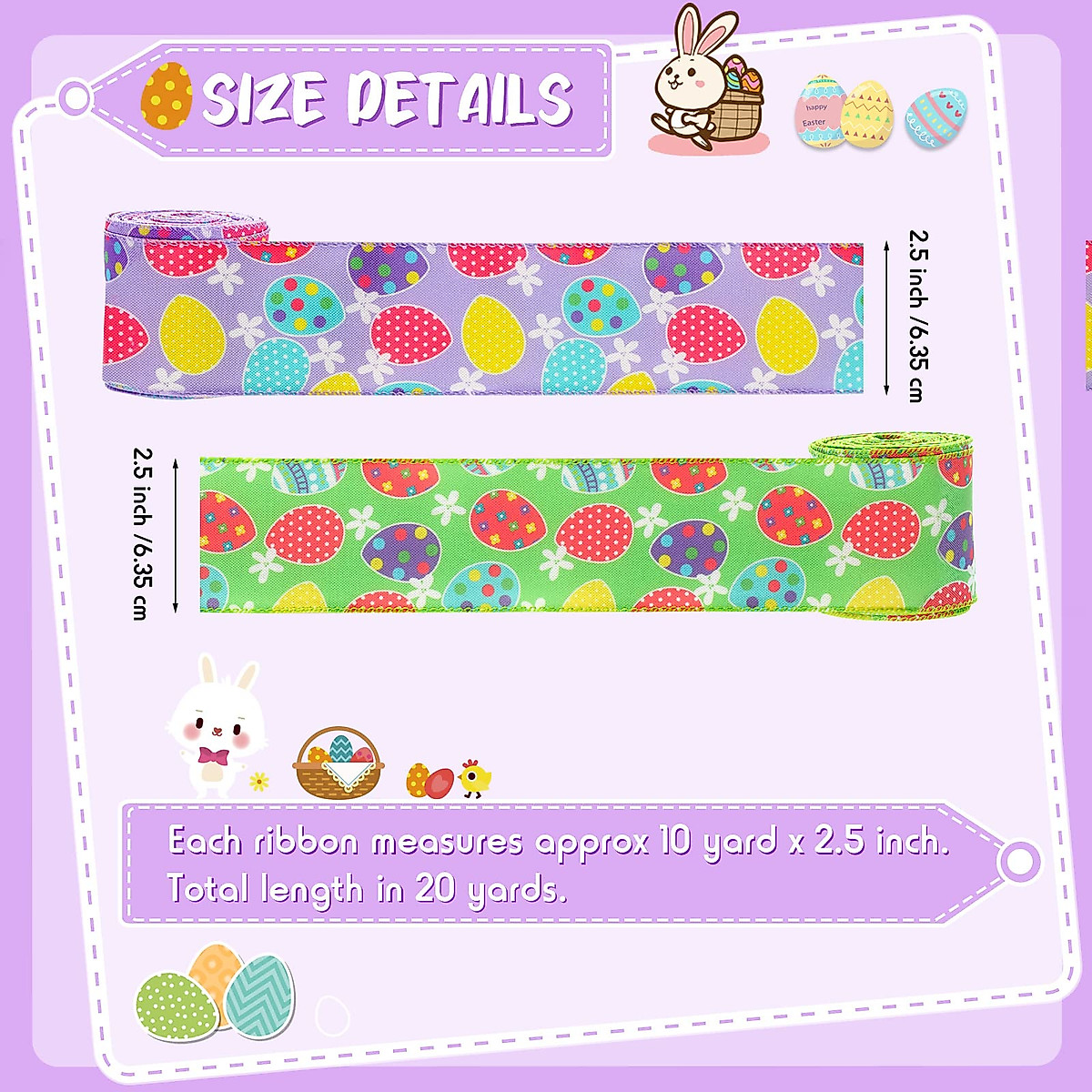 2 Rolls Easter Ribbon Easter Eggs Wired Edge Ribbon 2.5 Inch 20 Yards Lavender Easter Fabric Ribbons Green for Easter Wreath Decoration Wrapping Floral Bows