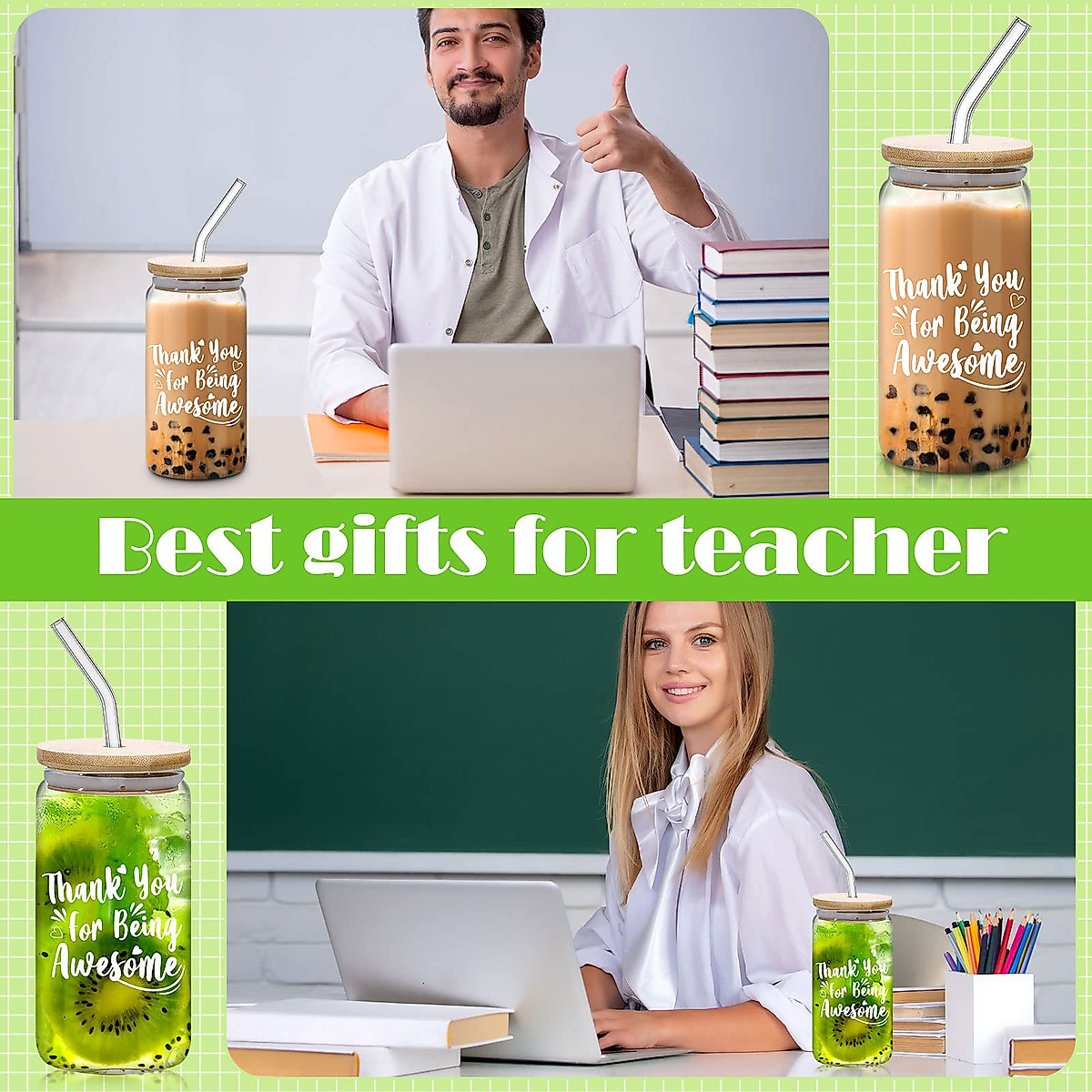 Nuanchu Appreciation Gifts 4 Pack Thanks for Being Awesome Glass Cups with Lids and Straws 16 Oz Thank You Gifts for Women Men Staff Employee Appreciation Gifts for Friends, Coworkers