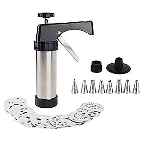 Cookie Press Cookie Press Gun Kit Stainless Steel Cookie Press Gun 13 Cookie Mold Discs 8 Piping Nozzles Cookie Press Christmas Party Fest Decoration DIY Biscuits Cake Decorating Icing Tool